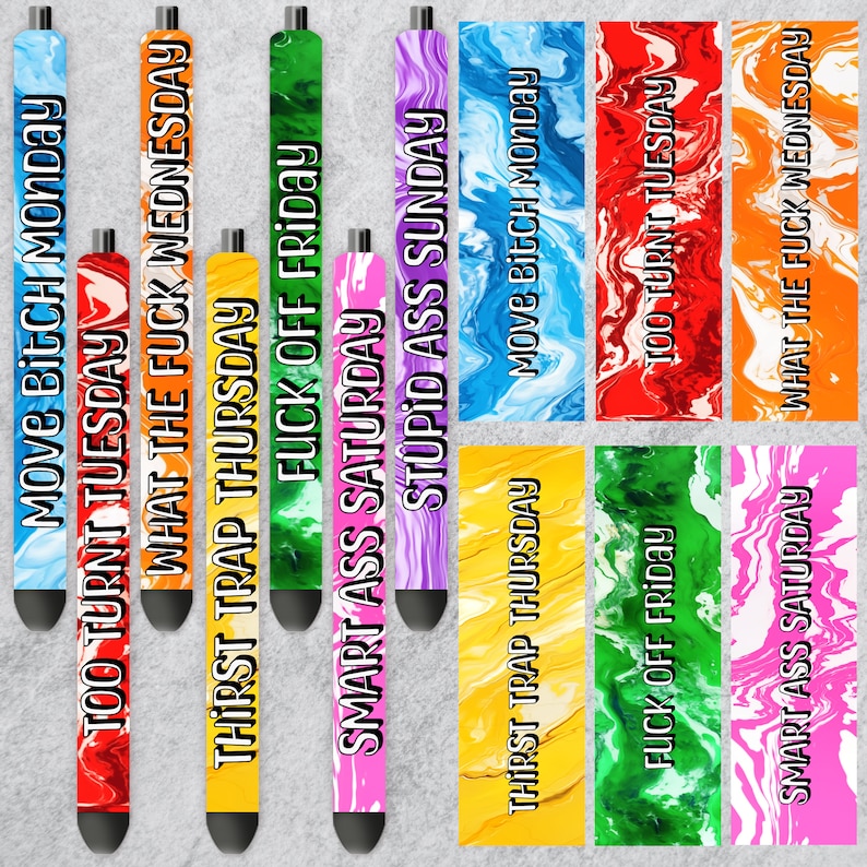 Days of the Week Pen Wrap PNG Seamless Bundle, Marble Pattern Pen Wrap ...