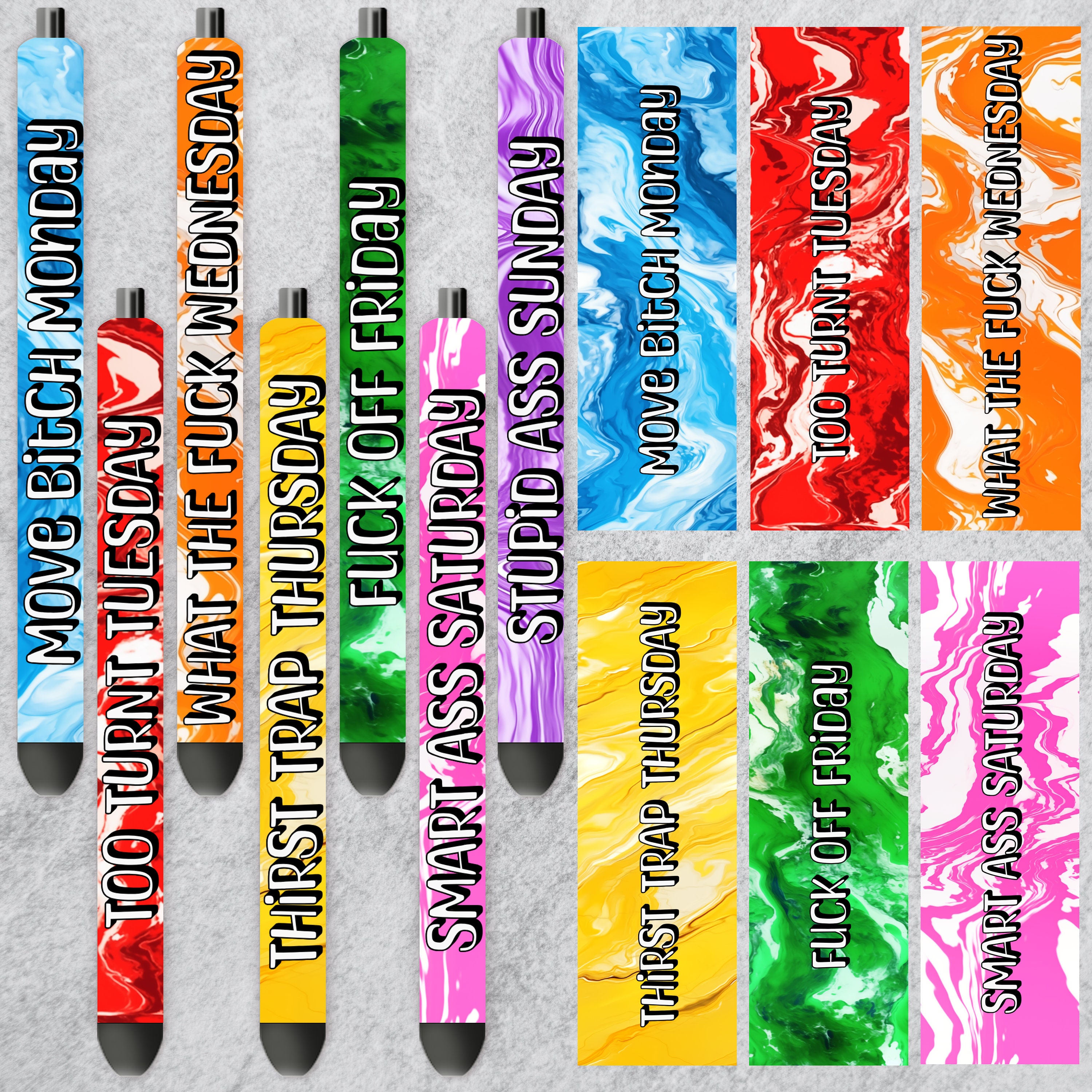 Days of the Week Pen Wrap PNG Seamless Bundle, Marble Pattern Pen Wrap ...