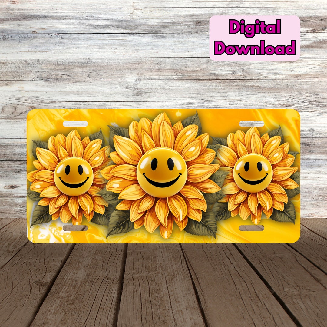 Smiley Face Sunflower License Plate PNG, Floral Smiley Face License ...