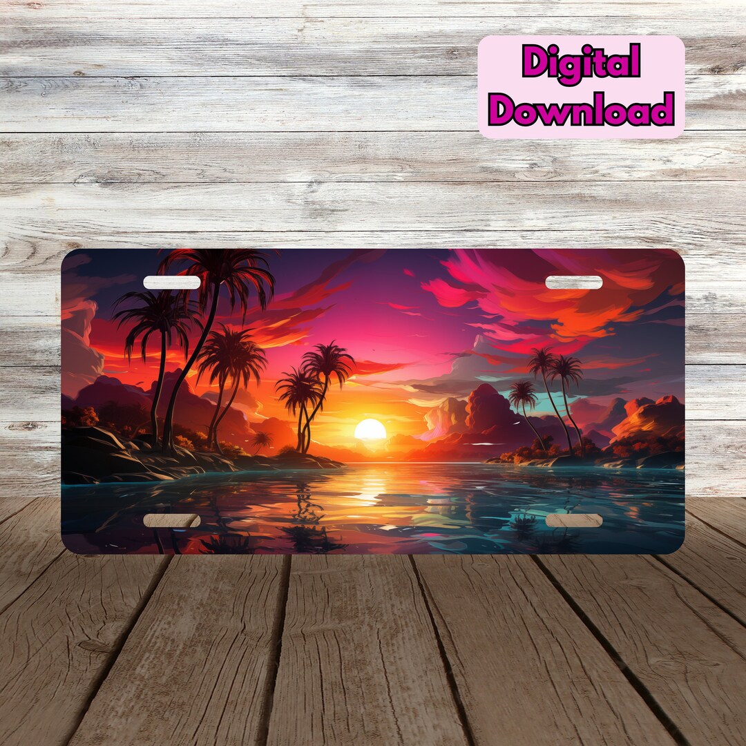 Sunset Beach With Palm Trees License Plate PNG, Palm Tree License Plate ...