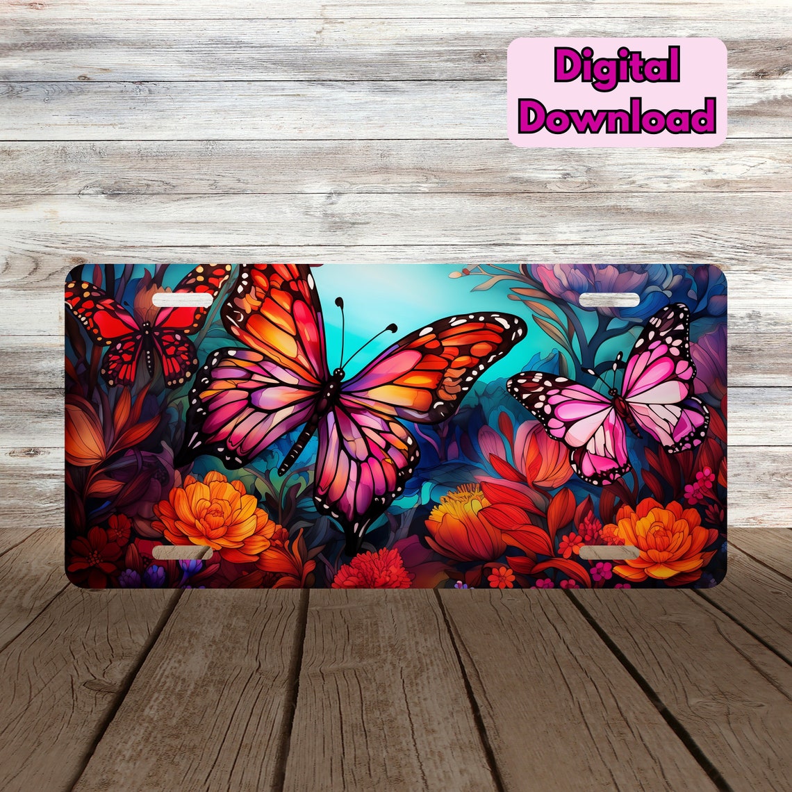 Butterflies Stained Glass License Plate PNG, Butterfly Flowers Stained ...