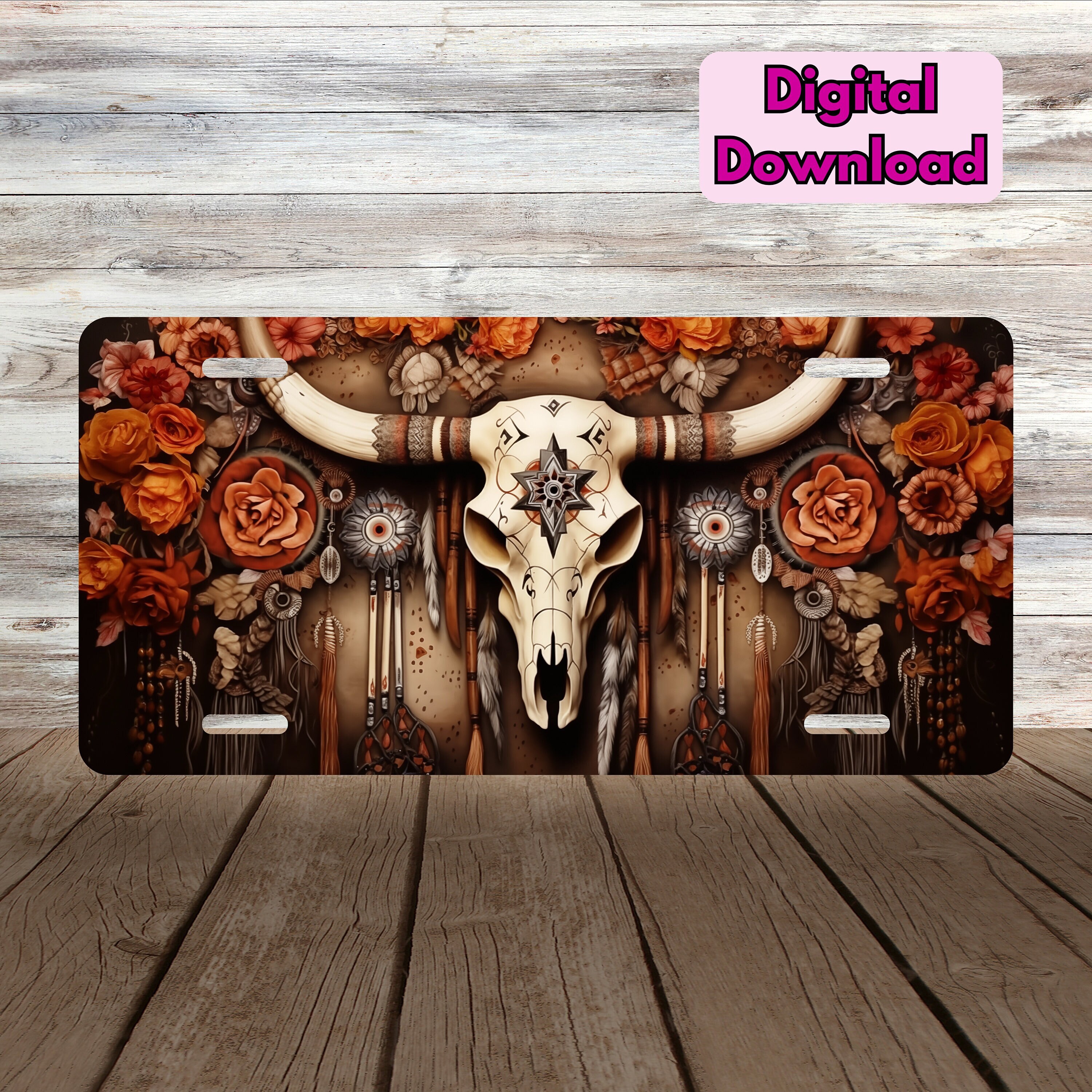 Boho Cow Skull License Plate PNG, Western Cow License Plate Sublimation ...