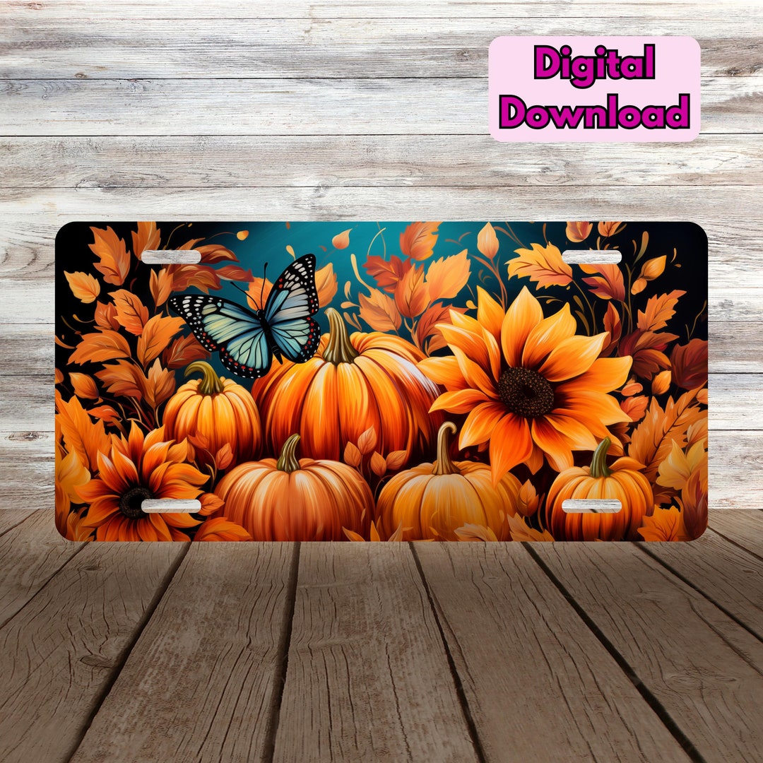 Autumn Season Pumpkin License Plate PNG, Pumpkin Sunflower Butterfly ...
