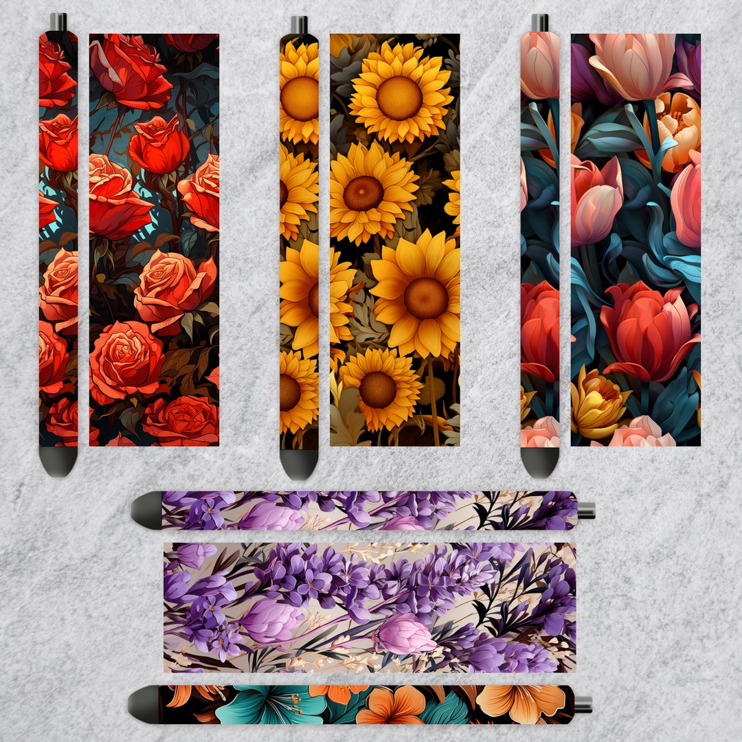 Flower Pen Wraps PNG Seamless Bundle, Roses Sunflowers Pen Wraps ...