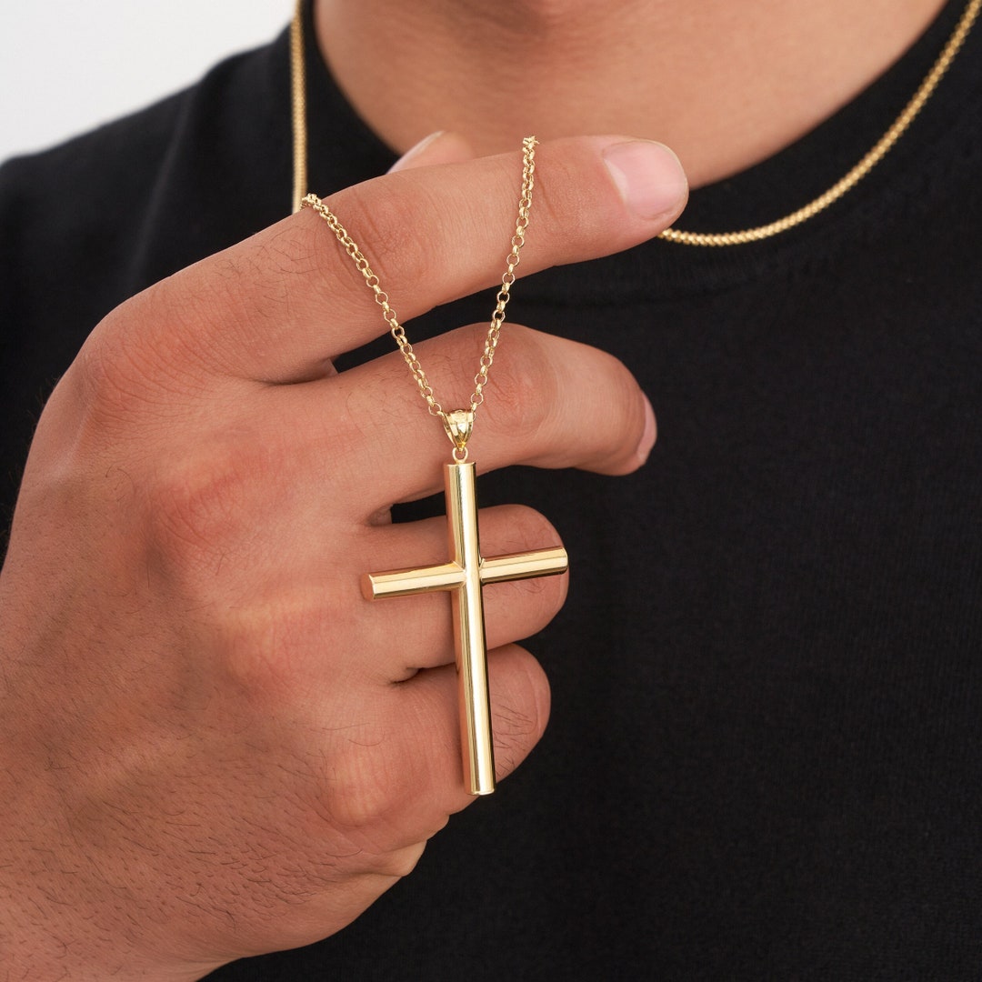 14K Solid Gold Cross Necklace for Men, Small & Large Real Gold Cross ...