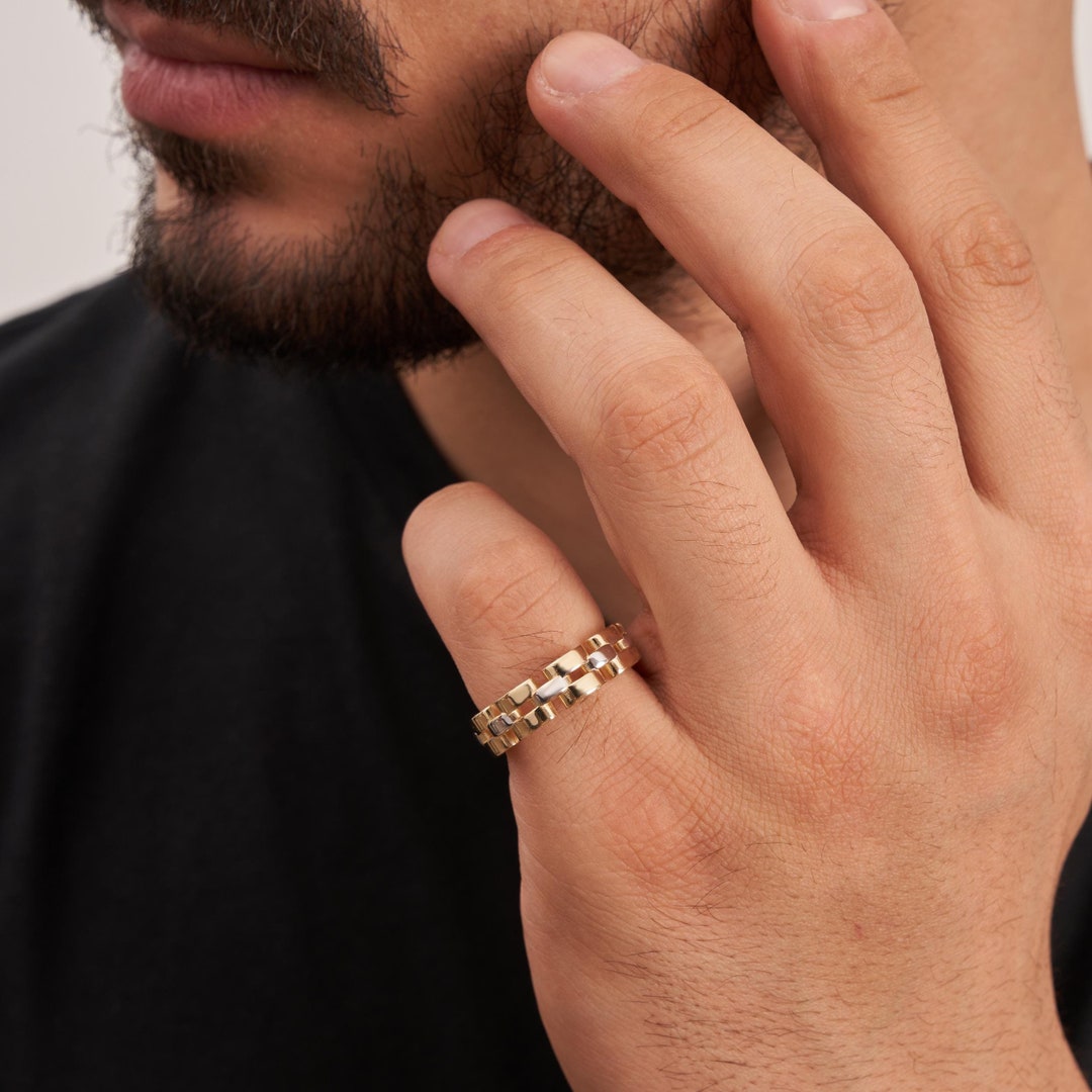 14K Solid Gold Watch Band Ring for Men, Fancy Pinky Ring, Men's Chain ...