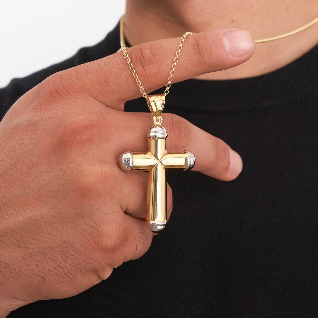 14K Solid Gold Cross Necklace for Men, Chunky Large Real Gold Cross ...