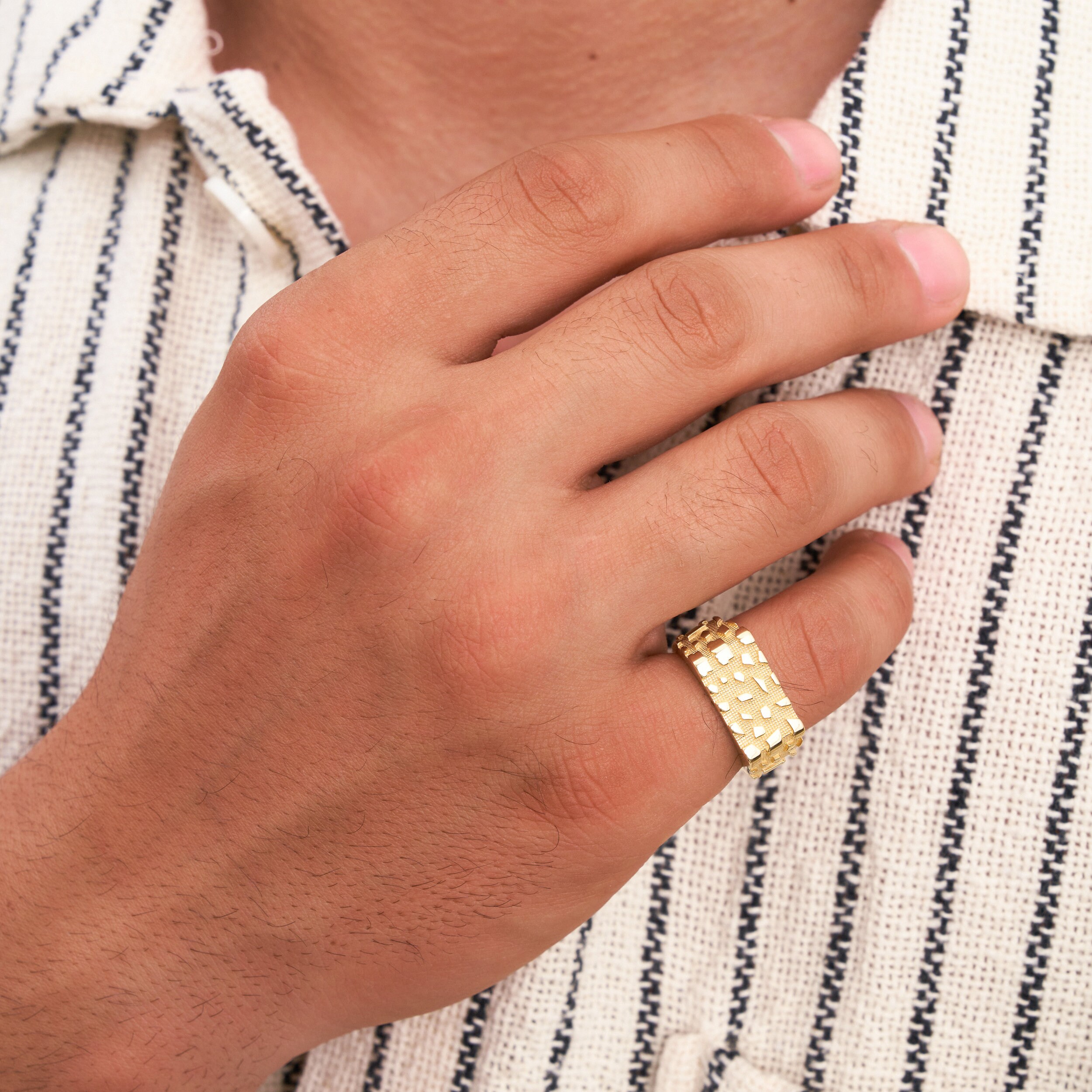 14K Solid Gold Nugget Texture Ring for Men, Handmade Jewelry for Men ...