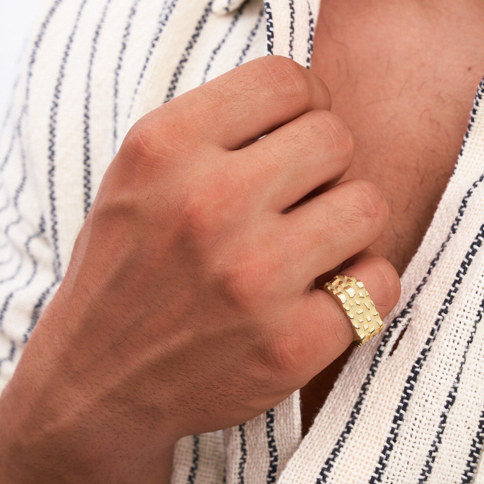 14K Solid Gold Nugget Texture Ring for Men, Handmade Jewelry for Men ...