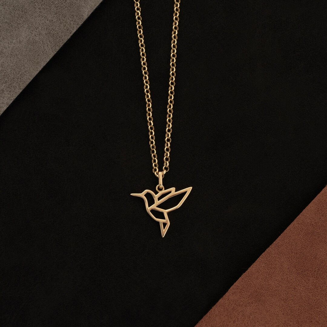 14K Solid Gold Origami Freedom Symbol Bird Necklace for Men, Good Luck ...