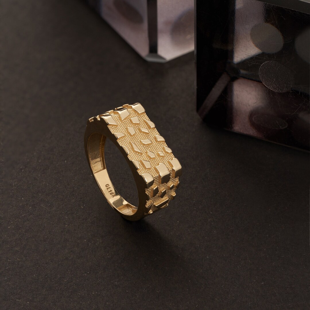 14K Solid Gold Nugget Texture Ring for Men, Handmade Jewelry for Men ...