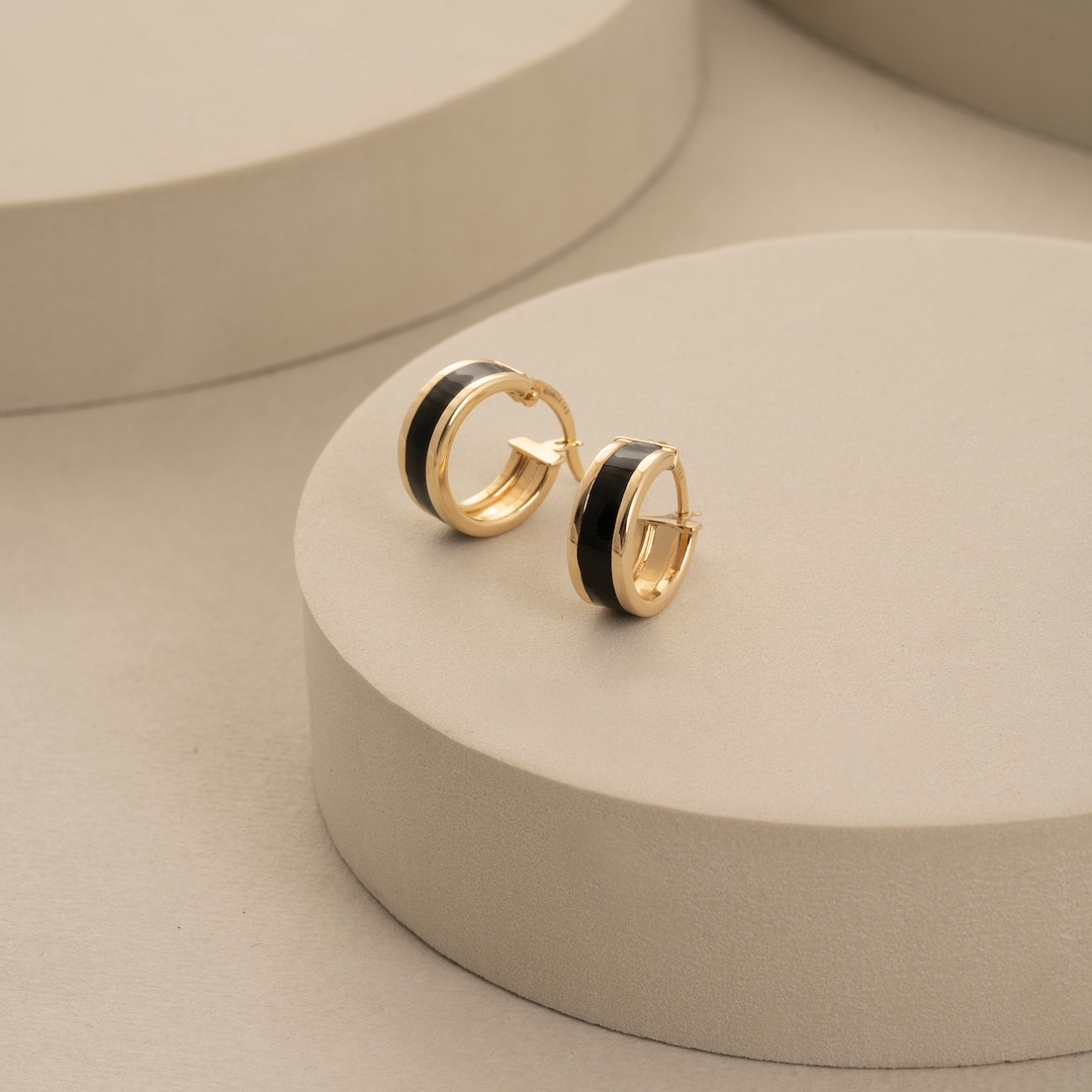 14K Solid Gold Hoop Earrings for Men, Thick Enamel Huggie Sleeper ...
