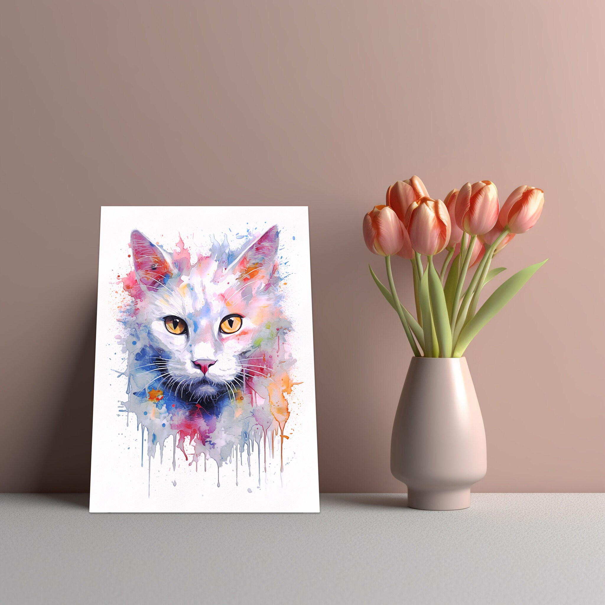 White Cat Watercolor Print, Kitten Painting, Colourful Splash Art Print ...