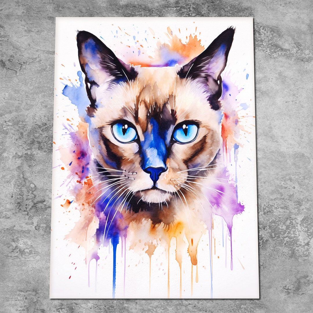 Siamese Art Print, Watercolour Kitten Painting, Colourful Splash Cat ...
