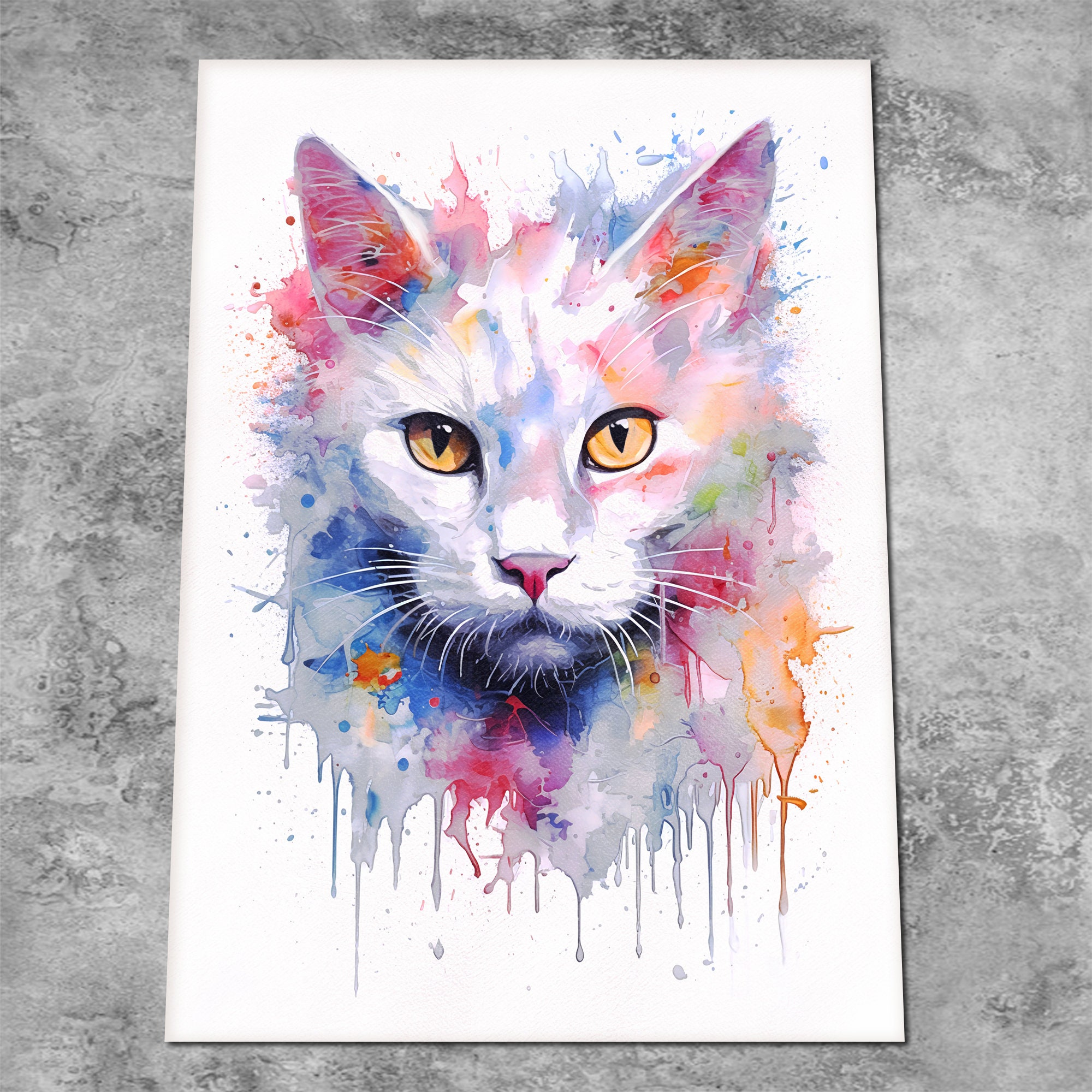 White Cat Watercolor Print, Kitten Painting, Colourful Splash Art Print ...