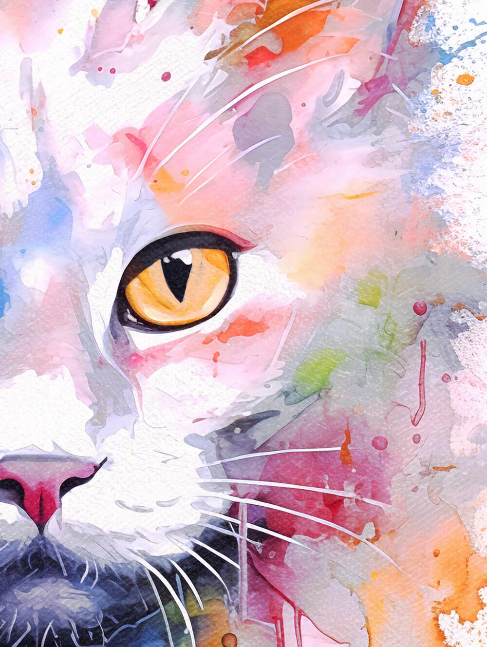 White Cat Watercolor Print, Kitten Painting, Colourful Splash Art Print ...