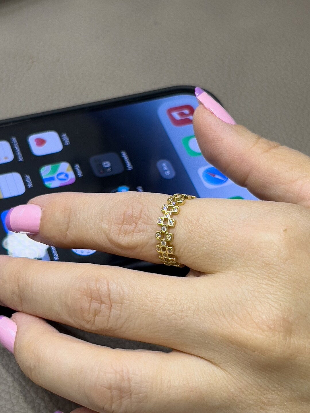 14K Solid Gold Chain Link Engagement Ring With Zircon Gemstone Cool Non ...