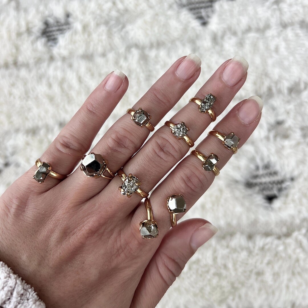 Pyrite Ring, Gold, Adjustable Crystal Ring, Pyrite Jewelry, Solar ...