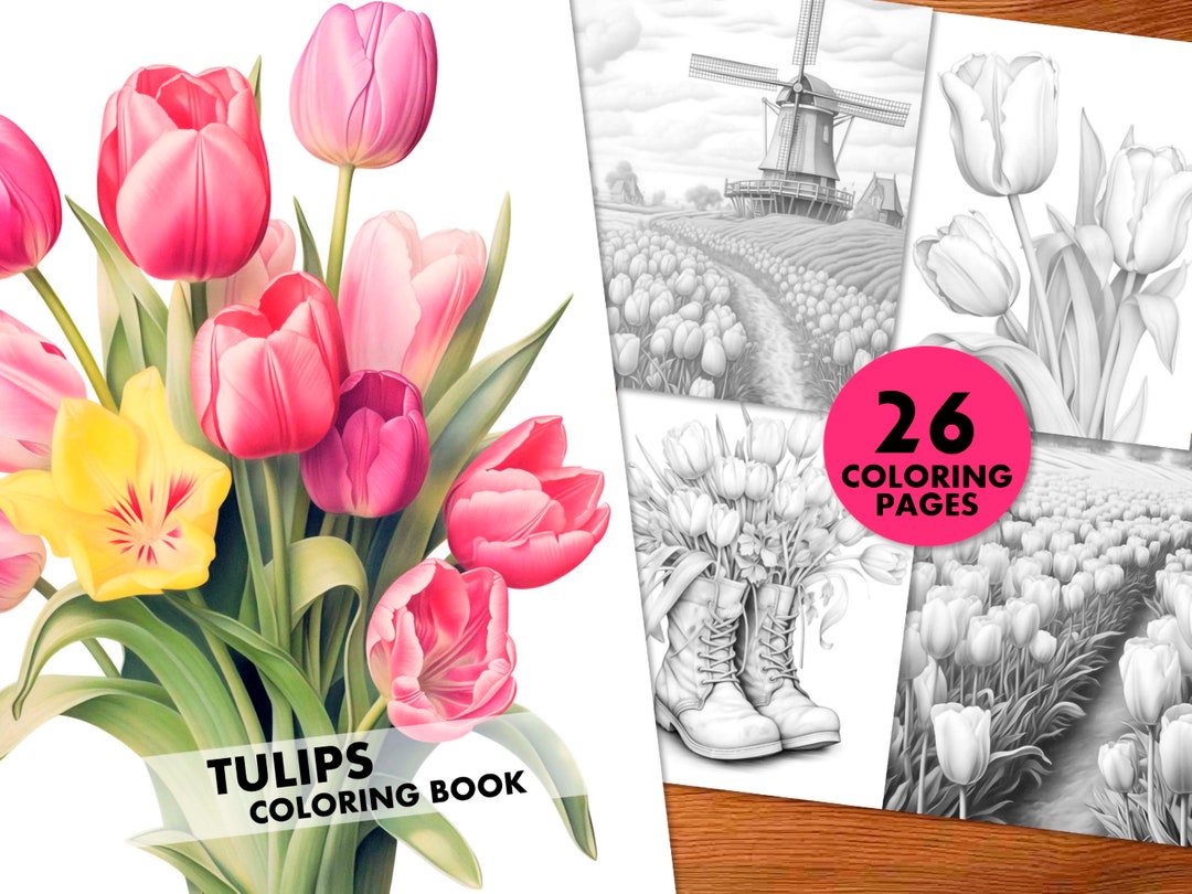 Tulips Coloring Pages, for Adults and Kids, Instant Download, Grayscale ...