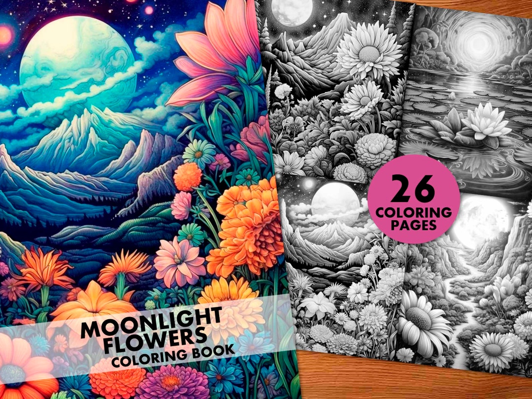 Moonlight Flowers Coloring Pages, for Adults and Kids, Instant Download ...