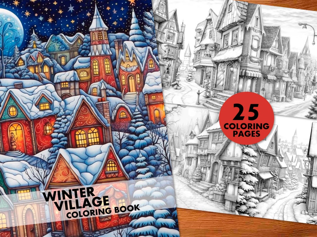Winter Village Coloring Pages for Adults and Kids Instant - Etsy