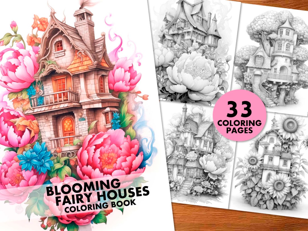 Blooming Fairy Houses Coloring Pages, Grayscale Coloring Book ...