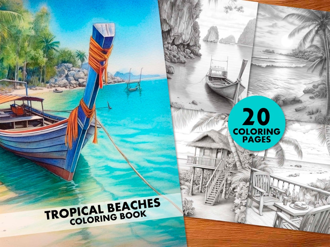 Tropical Beaches Coloring Pages, for Adults and Kids, Instant Download ...
