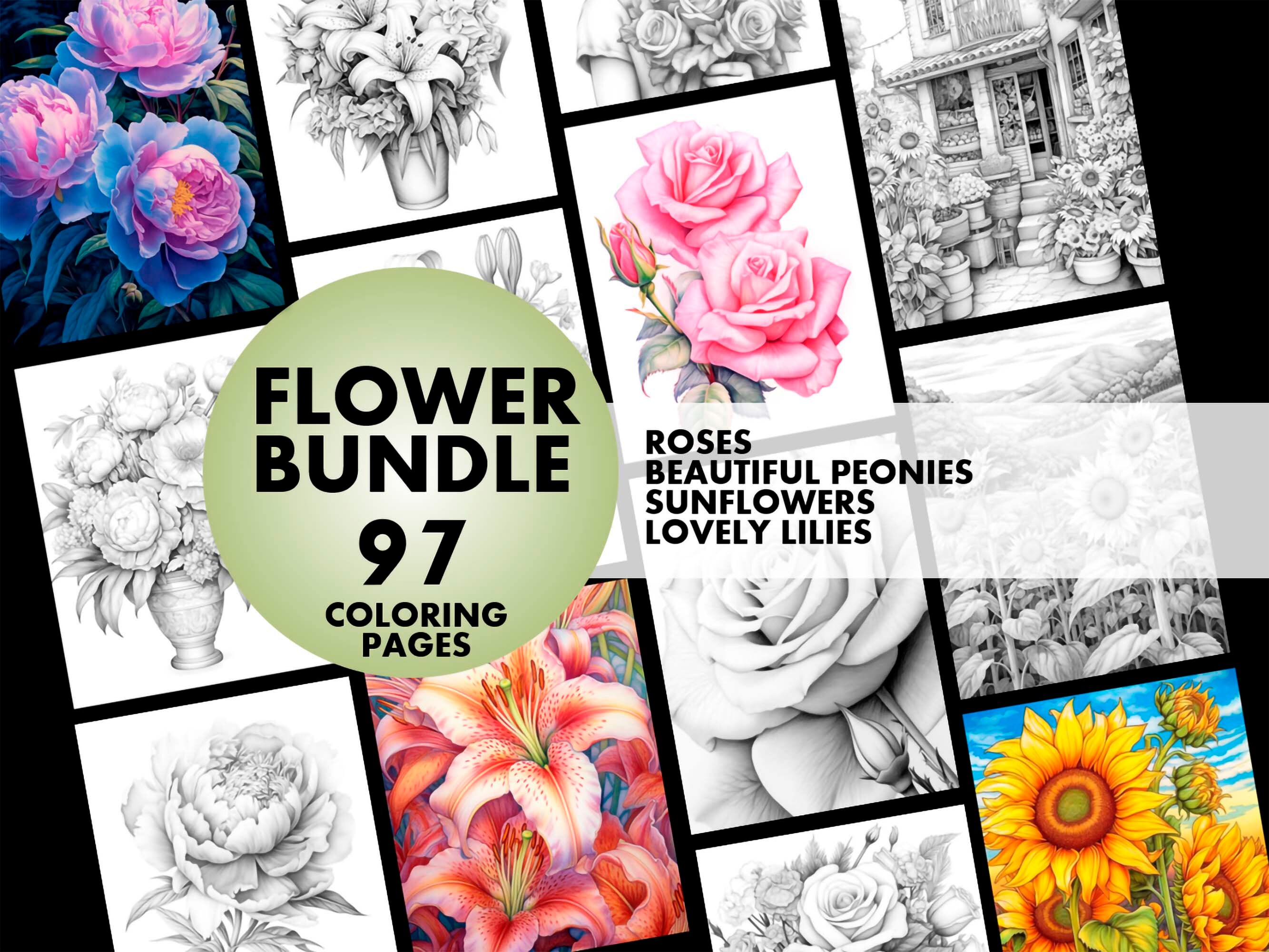Flower Bundle 97 Coloring Pages, for Adults and Kids, Instant Download ...