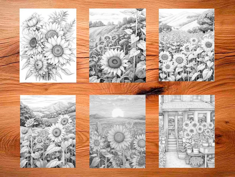 Sunflowers Grayscale Coloring Book, 24 Printable Pages (PDF) - Etsy
