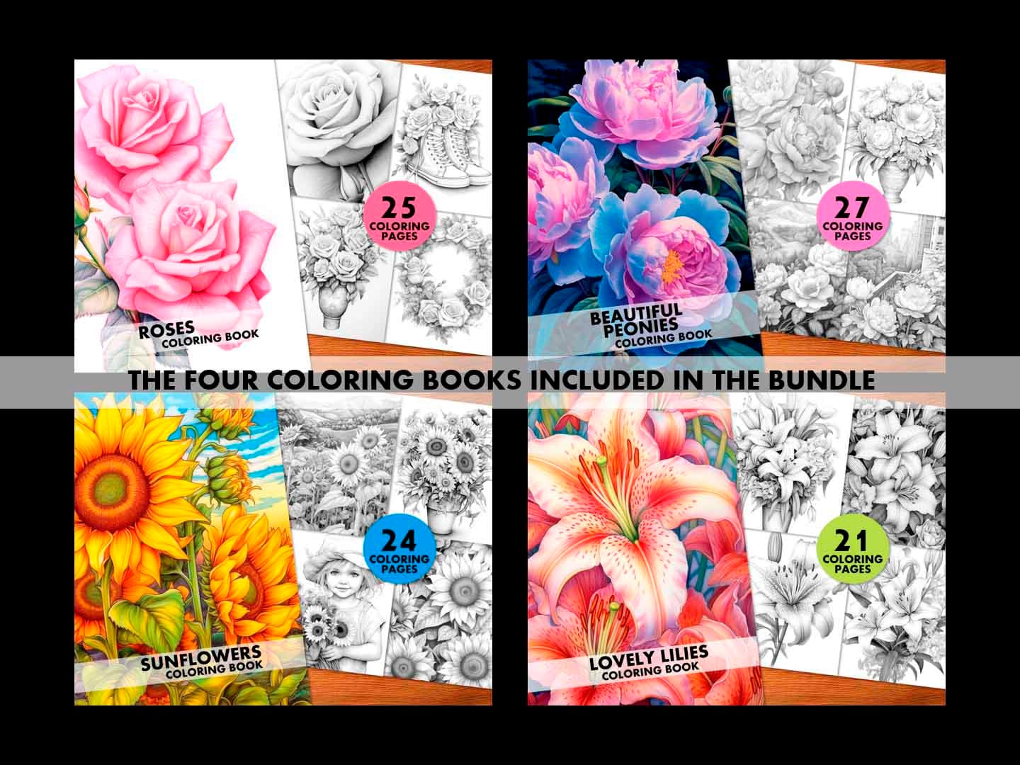 Flower Bundle 97 Coloring Pages, for Adults and Kids, Instant Download ...