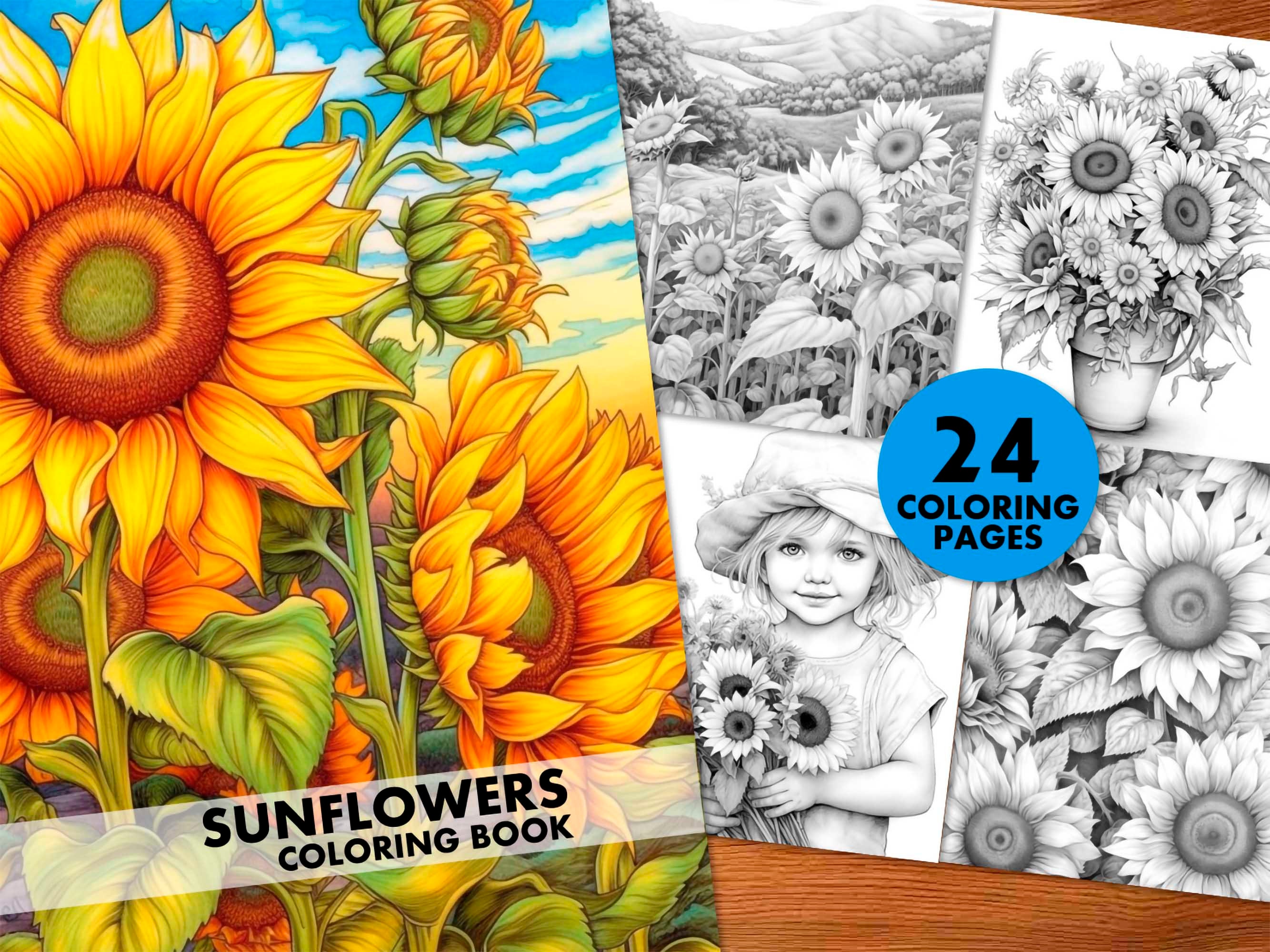 Sunflowers Coloring Pages, for Adults and Kids, Instant Download ...