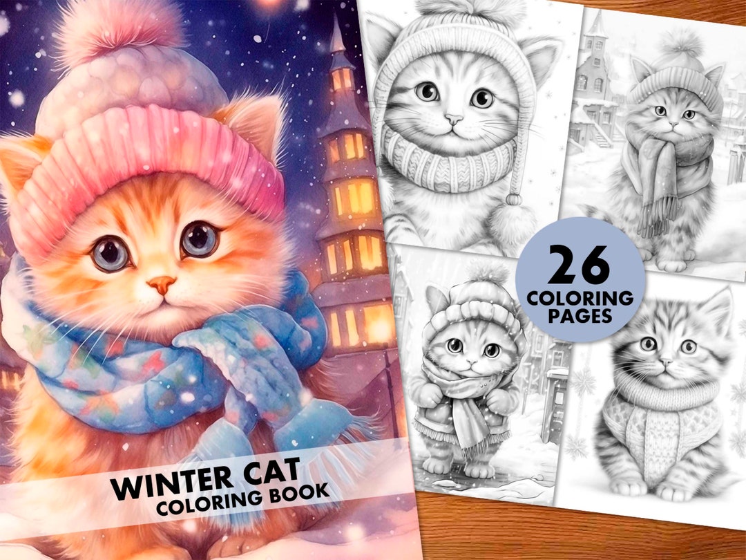 Winter Cat Coloring Pages, for Adults and Kids, Instant Download ...
