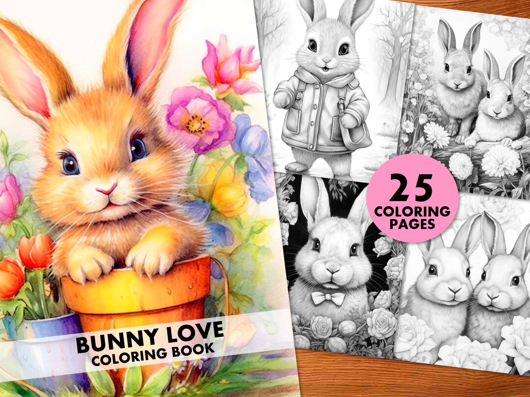 Bunny Love Coloring Pages, for Adults and Kids, Instant Download ...