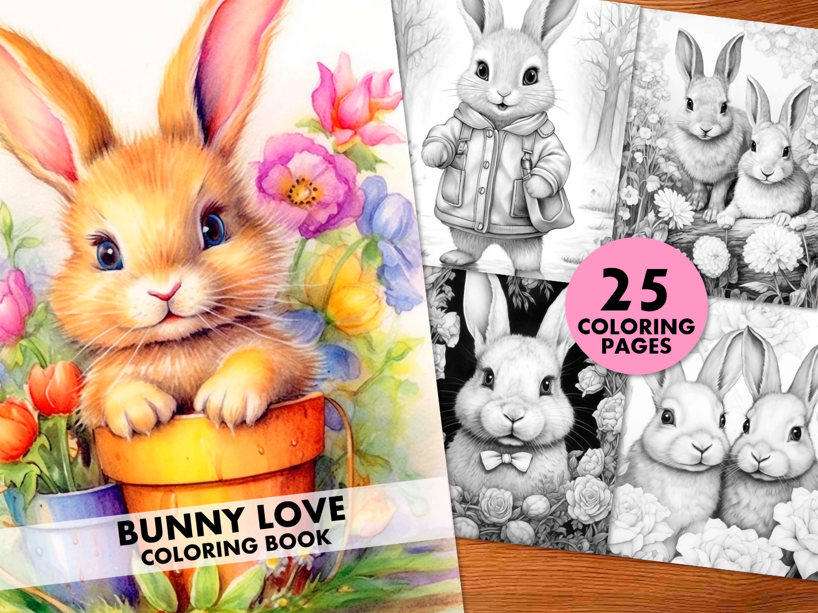 Bunny Love Coloring Pages, for Adults and Kids, Instant Download ...