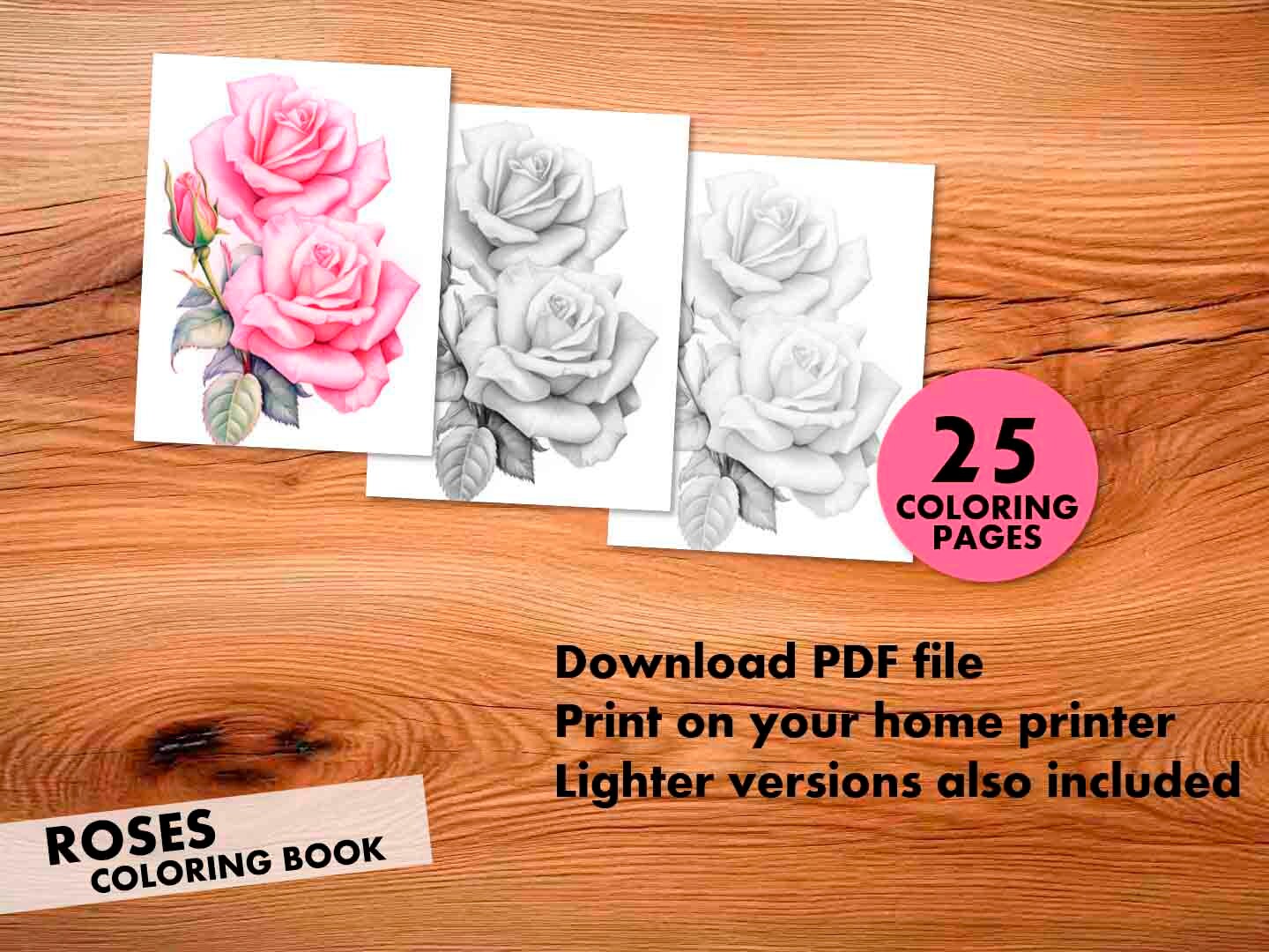 Roses Coloring Pages, for Adults and Kids, Instant Download, Grayscale ...