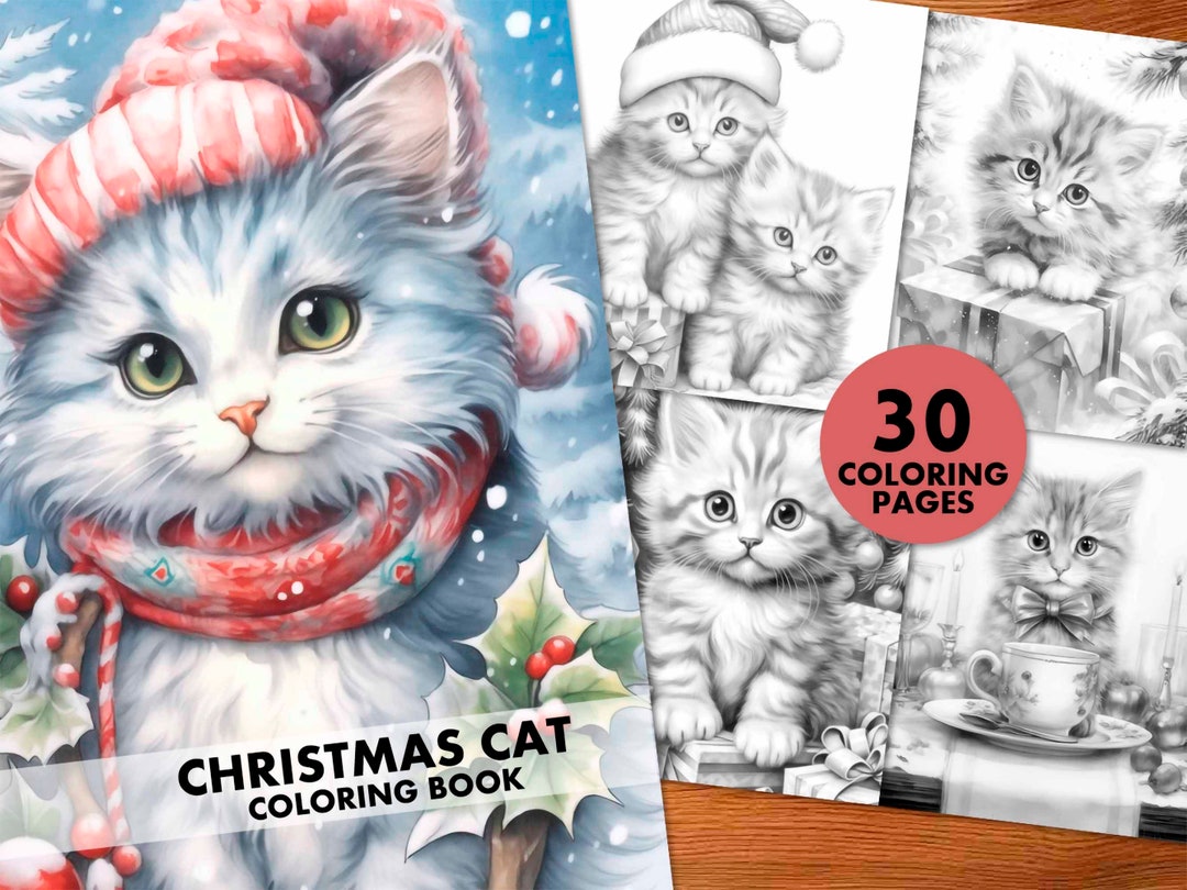 Christmas Cat Coloring Book: 30 Grayscale Pages (printable PDF) - Etsy