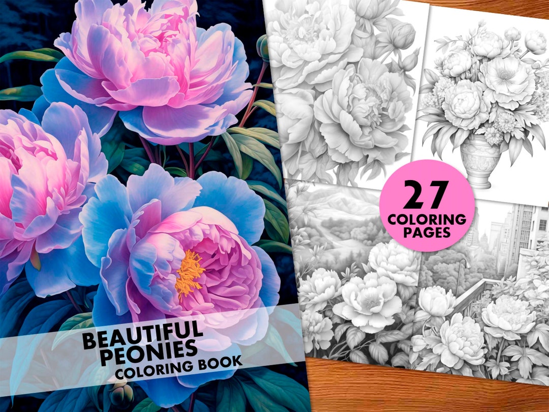 Beautiful Peonies Coloring Pages, for Adults and Kids, Instant Download ...