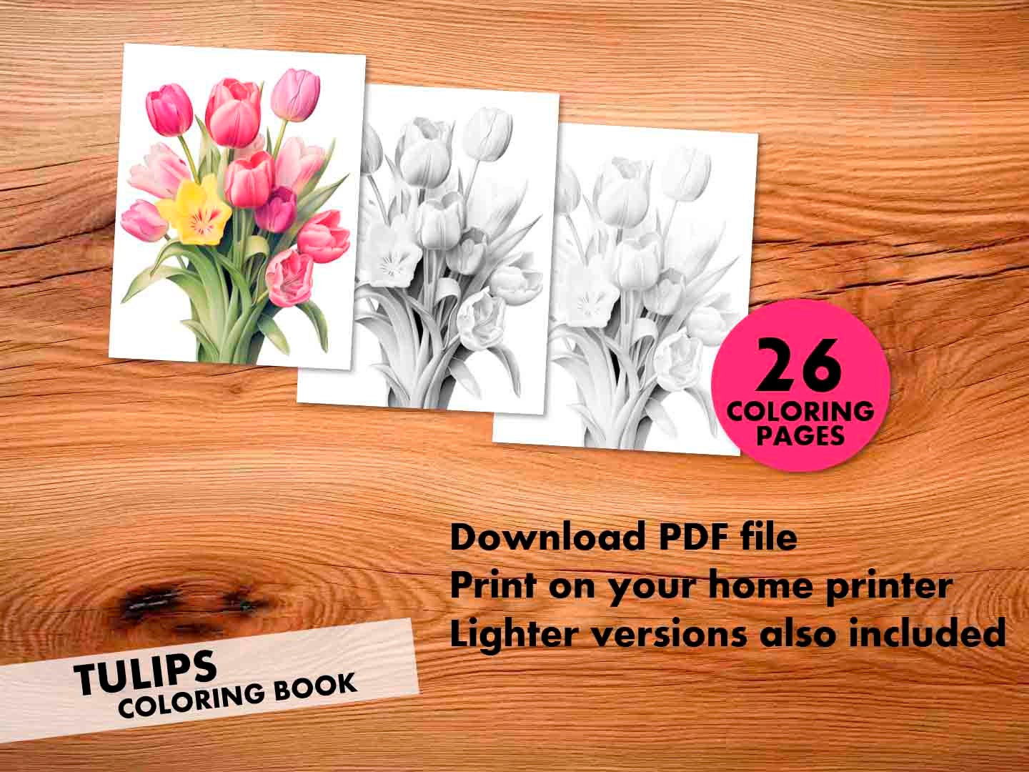 Tulips Coloring Pages, for Adults and Kids, Instant Download, Grayscale ...