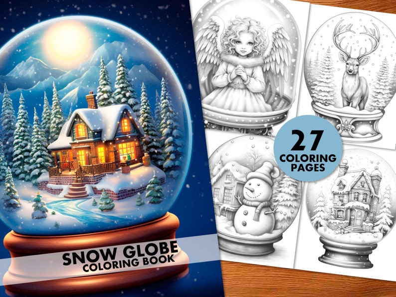 Snow Globe Coloring Pages, for Adults and Kids, Instant Download ...