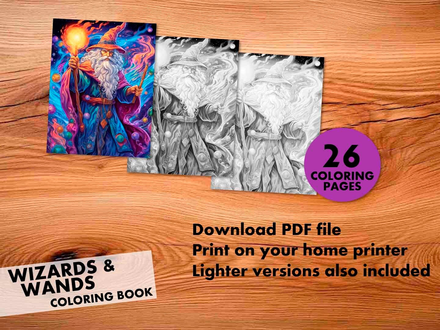 Wizards and Wands Coloring Book: 26 Fantasy Grayscale Pages (PDF) - Etsy