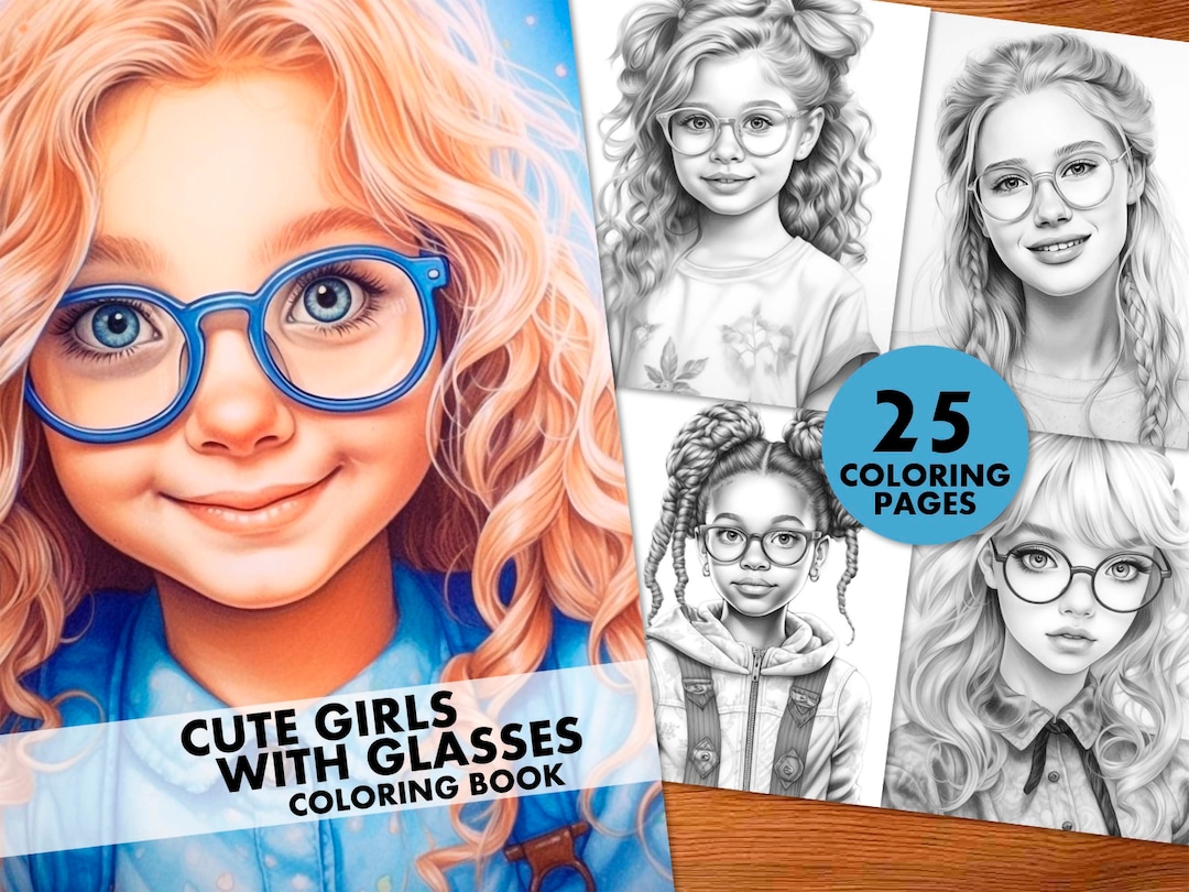 Cute Girls With Glasses Coloring Book, Grayscale Art (printable PDF) - Etsy
