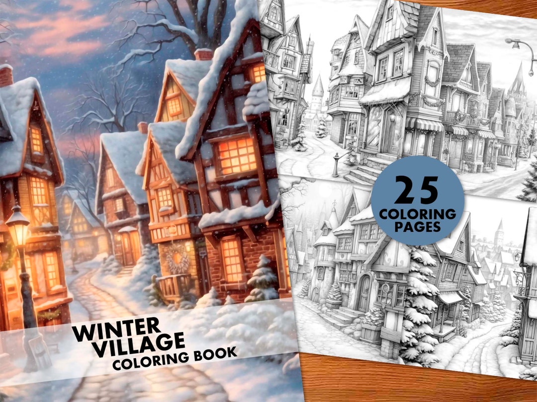 Winter Village Coloring Pages: 25 Grayscale Illustrations (printable ...