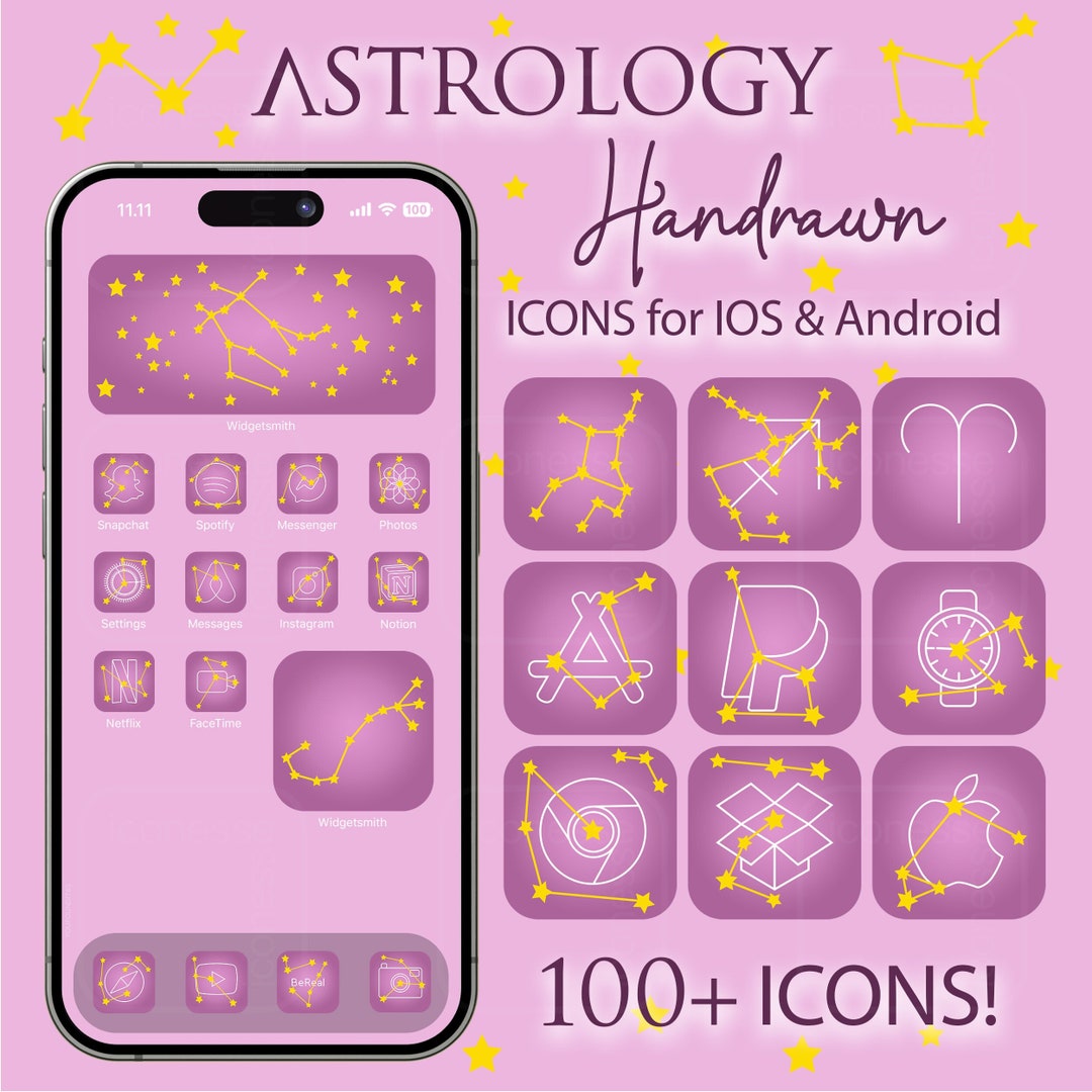 Hand-drawn Zodiac Icons, Astrology Pink App Bundle, Galaxy Aesthetic ...