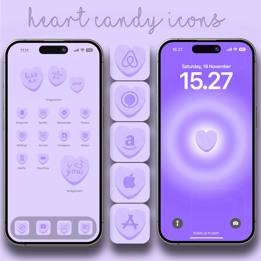 Purple Candy Heart App Icon Pack: Love Ios Theme (digital Download) - Etsy