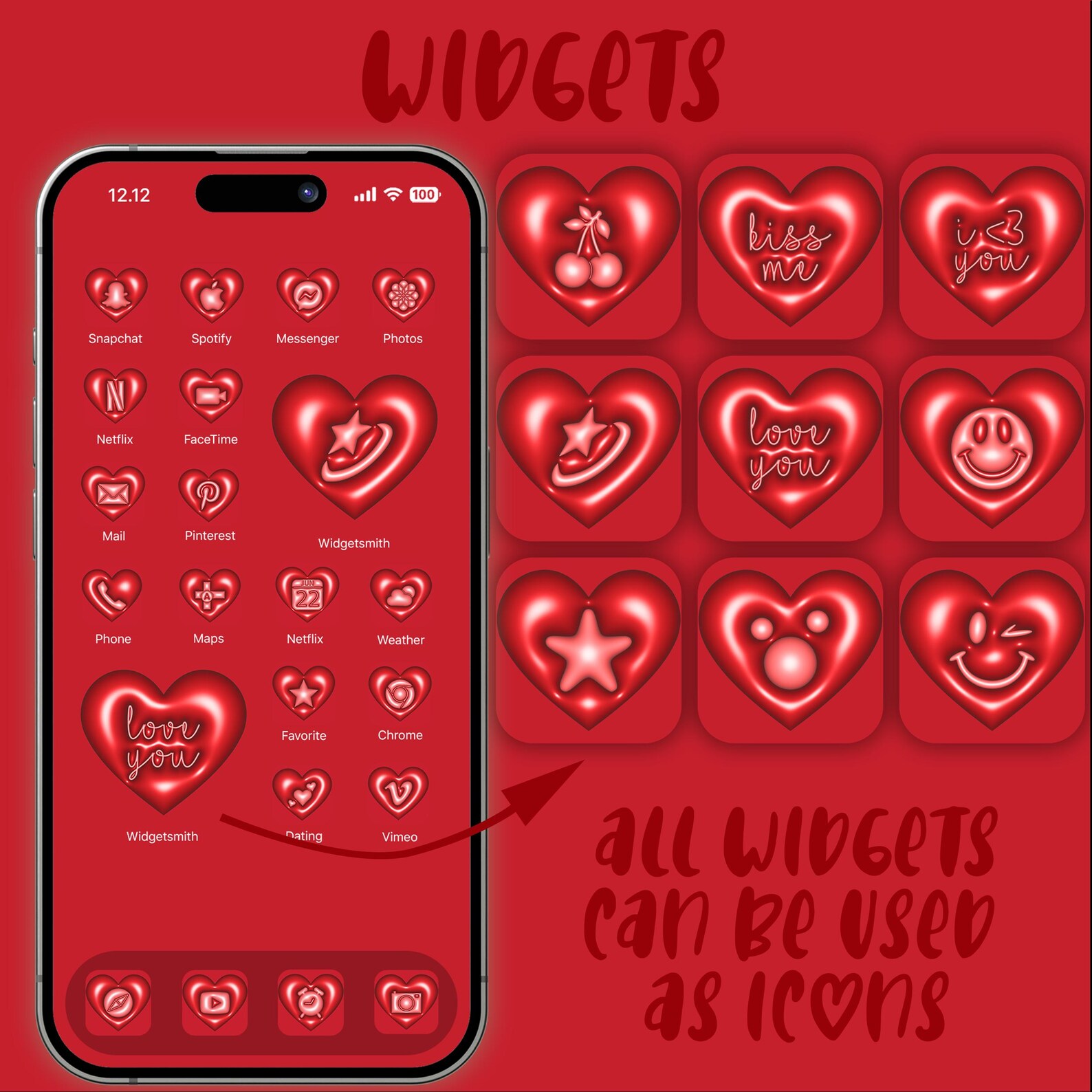 Romantic 3D Inflated Heart App Icons, Valentine’s Day Red Candy Heart ...