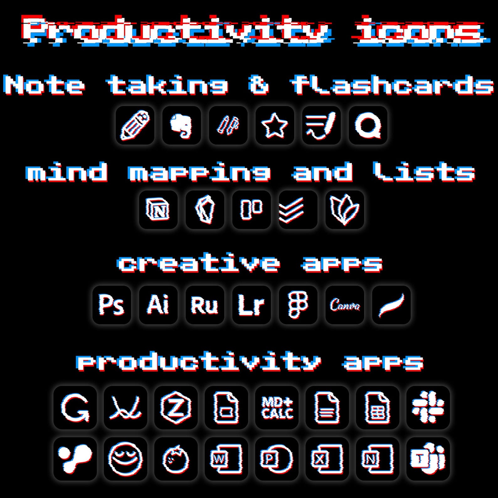 Glitch Icon Pack for Ios Devices, Distorted 3D Pixel Theme, Hacker ...