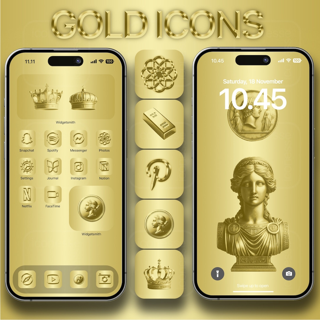 80+ Gold Style Icon Pack for Ios Devices, Luxury iPhone Icons, Elegant ...