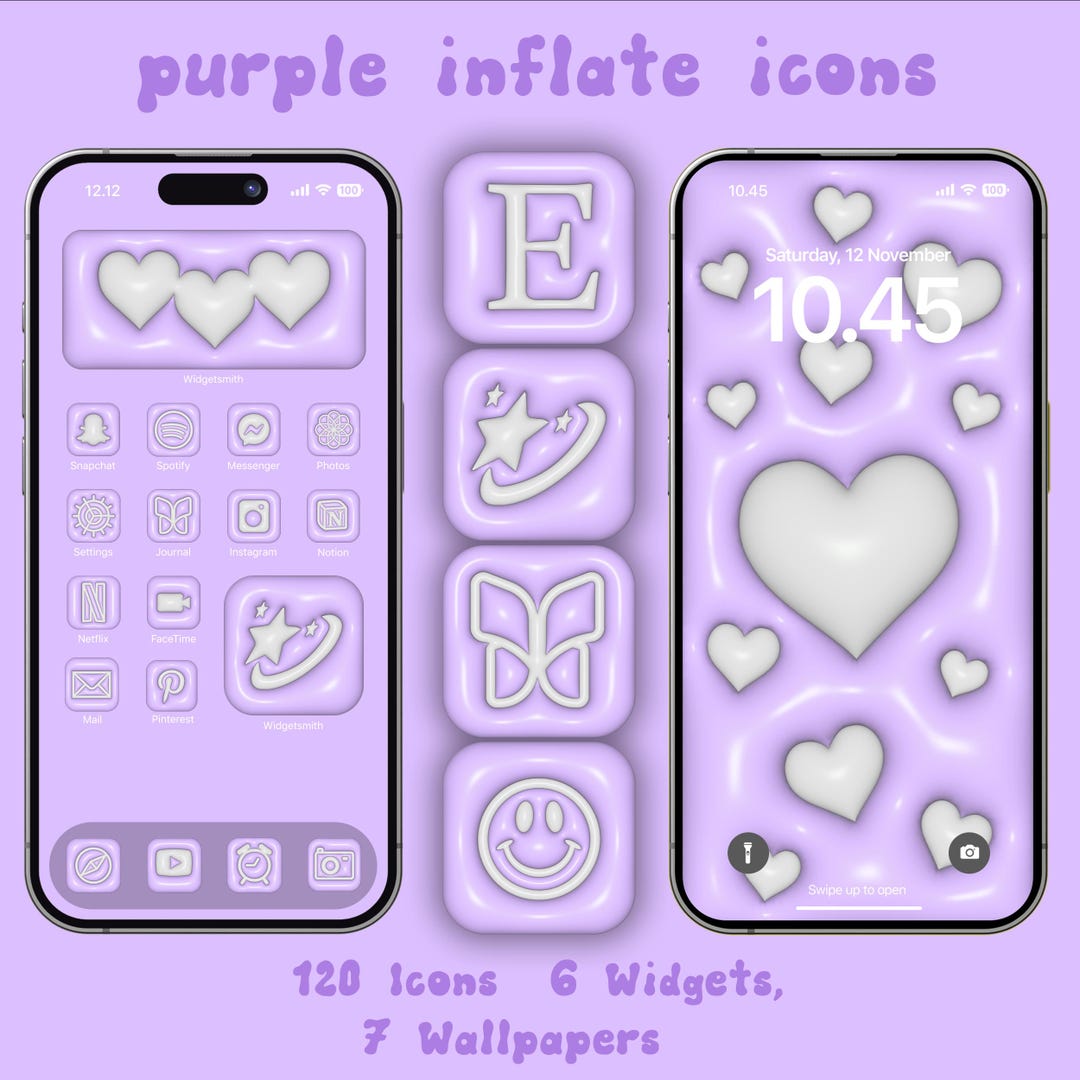 3D Inflatable Purple App Icons for Iphone, Cute Y2K Bubble Icons, 120 ...