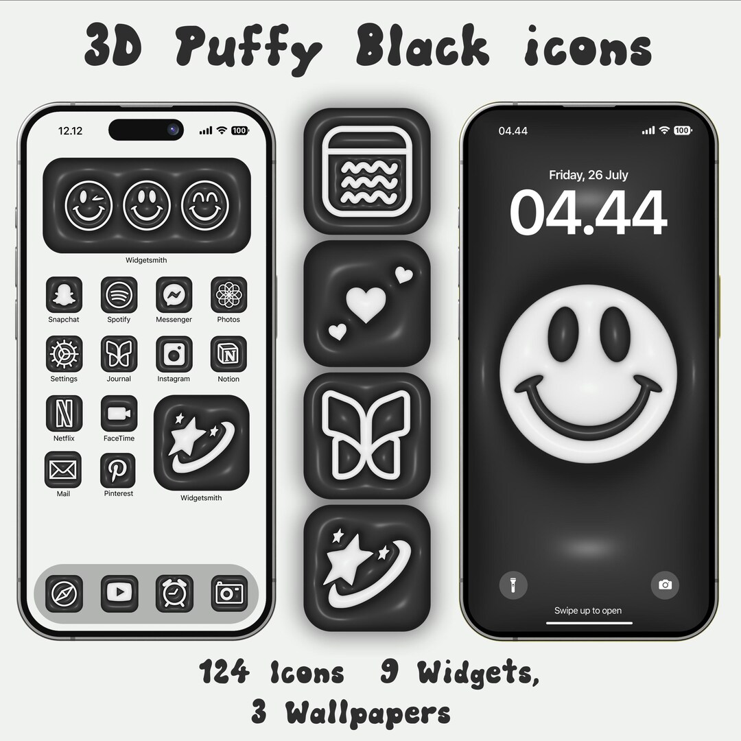 3D Black Inflated App Icons, Dark Theme Y2K, 124 Grayscale BW Theme ...