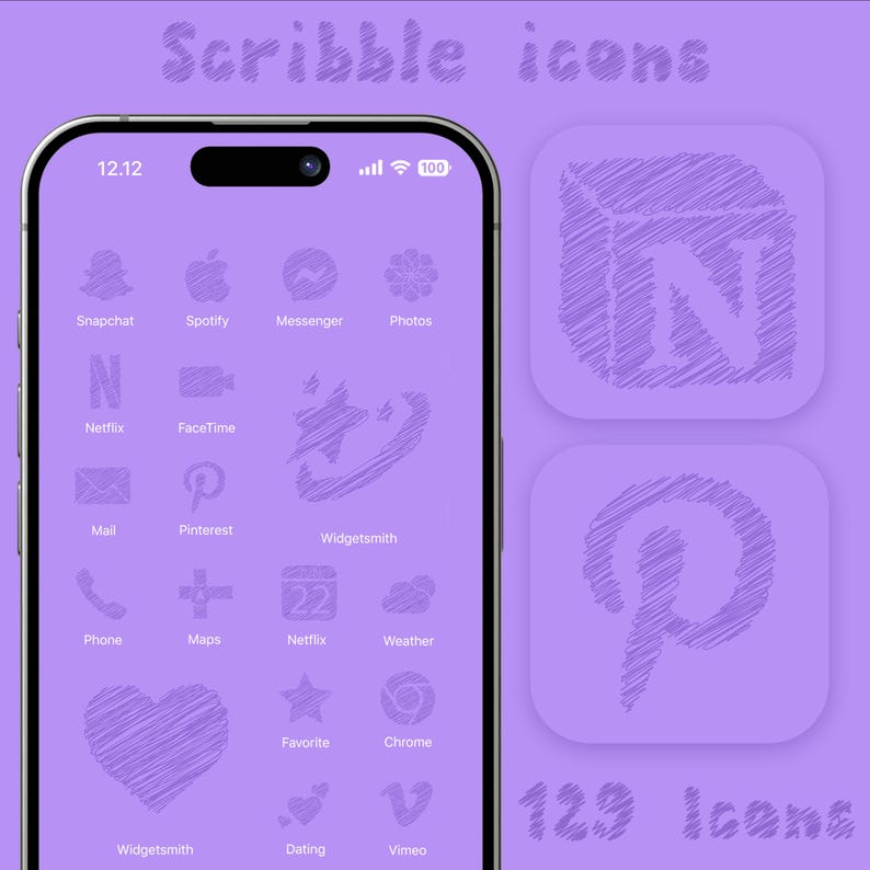 Purple Sketch Doodle Icon Pack, Scribble Theme Phone App Bundle, Hand ...
